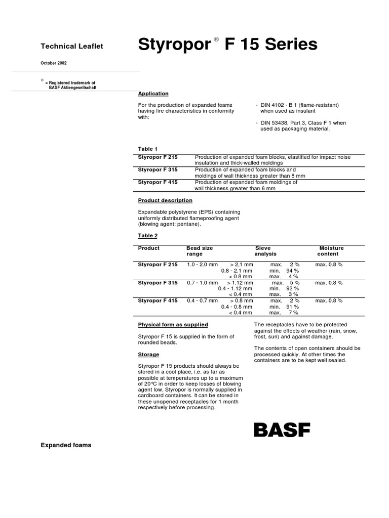 Styropor F 15 Series | PDF | Polystyrene | Materials