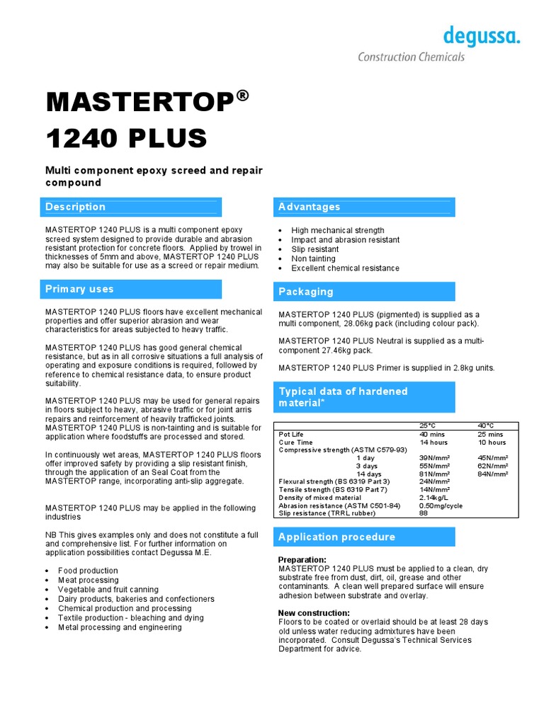 TDS - Mastertop 1240 Plus | PDF | Wear | Concrete