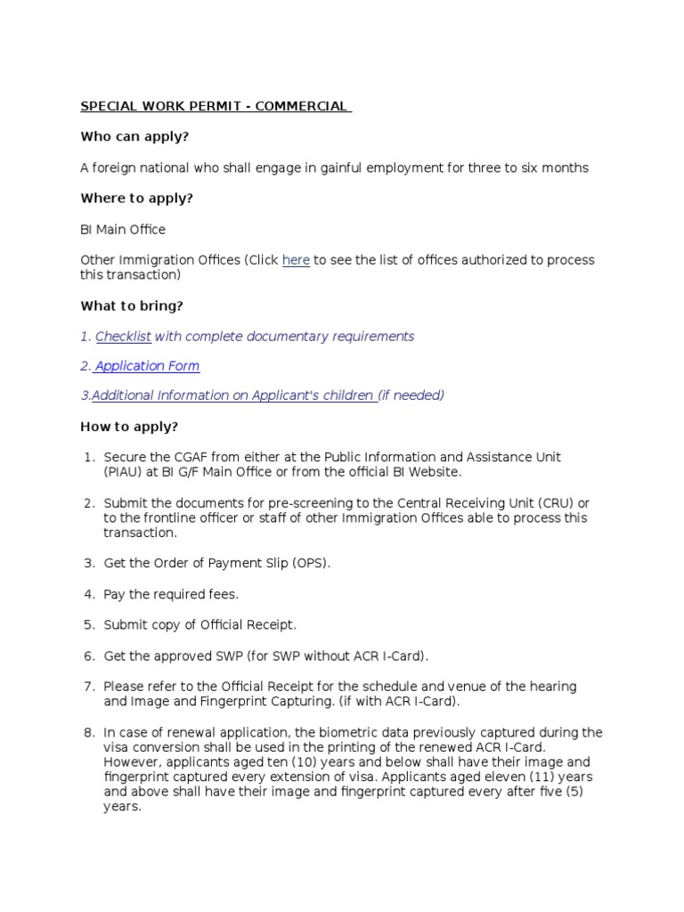 Special Work Permit Application Guide | PDF | Finance & Money Management