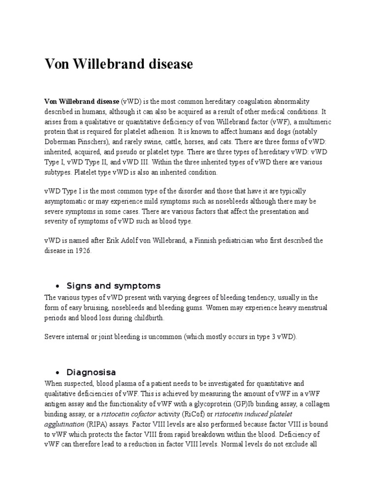Von Willebrand Disease | Coagulation | Hematology