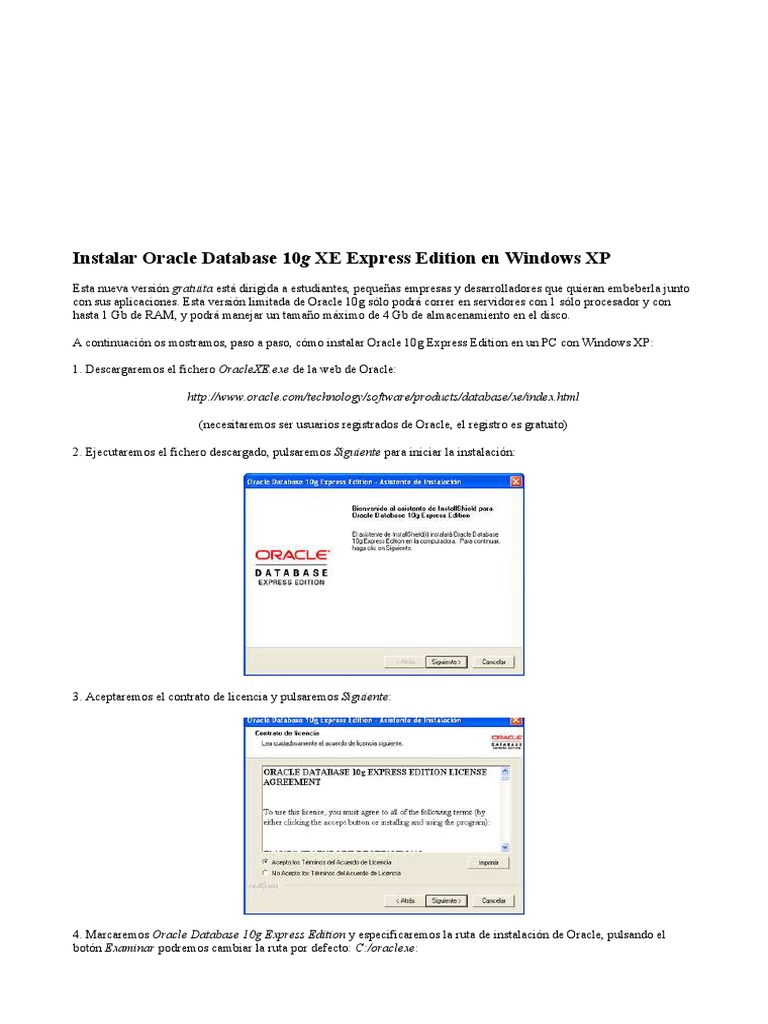 Instalar Oracle Database 10g XE Express Edition en Windows XP | PDF | Base de datos Oracle ...