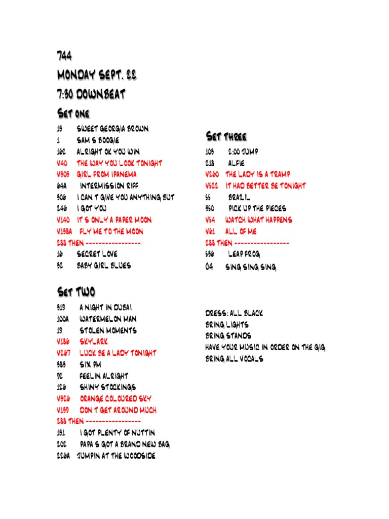Jazz Concert Setlist for Sept 22 | PDF
