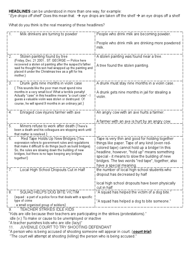 Headlines and Other Oral Activities | PDF | Question