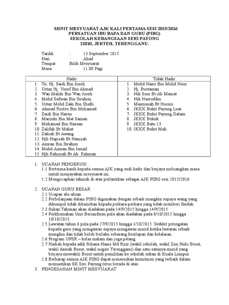 Minit Mesyuarat Ajk Kali Pertama Sesi 2015 | PDF