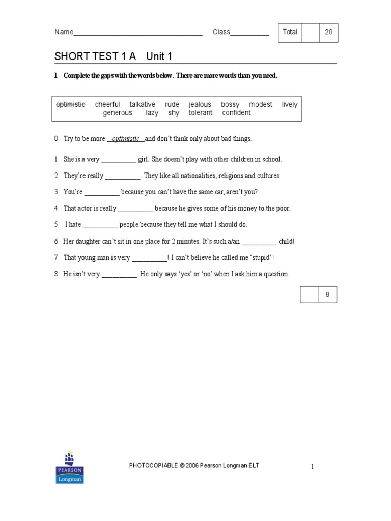 Short Test 1A Unit1 | PDF