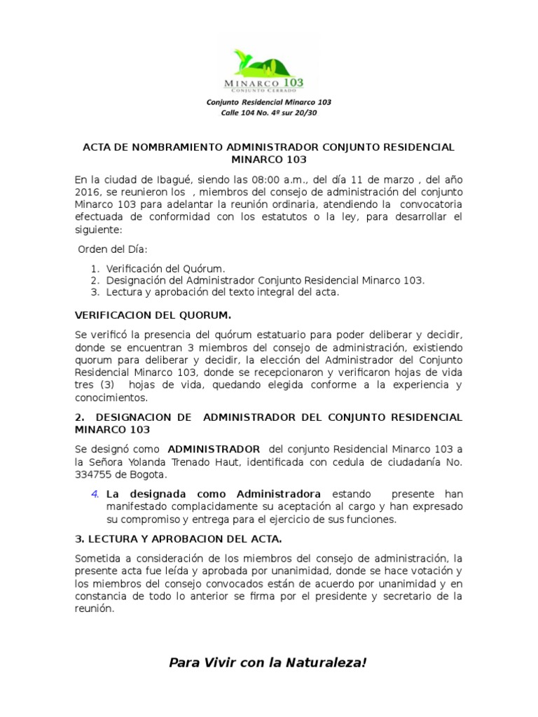 Acta De Nombramiento Administrador Conjunto Residencial Minarco 103 Pdf