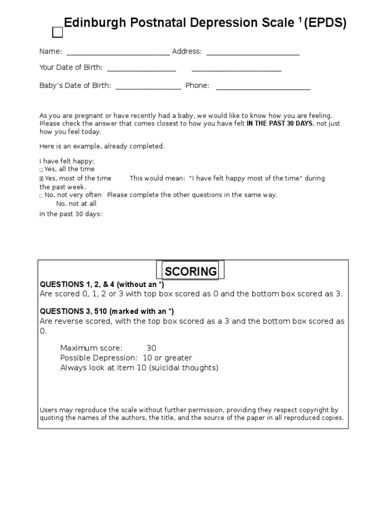 Edinburgh Postnatal Depression Scale (EPDS) : Scoring | PDF