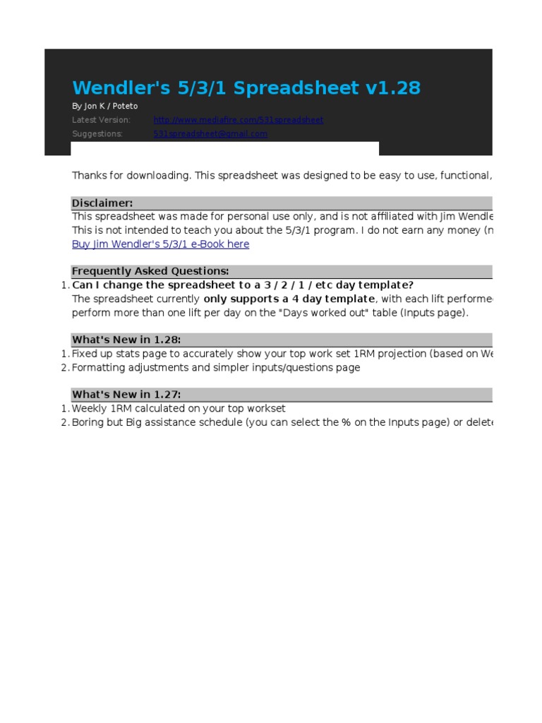 Wendler 5/3/1 Workout Spreadsheet | PDF | Spreadsheet | Individual Sports