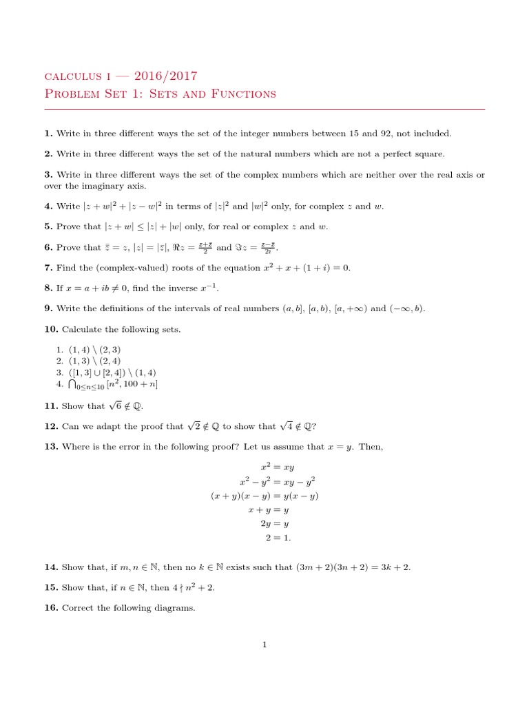 Calculus I - 2016/2017 Problem Set 1: Sets and Functions | PDF