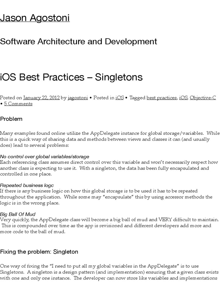 iOS Best Practices - Singletons | PDF | Objective C | Method (Computer Programming)