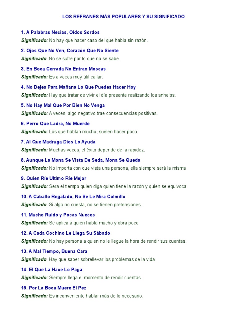 Refranes Más Populares y Su Significado | PDF | Diablo | Ocio