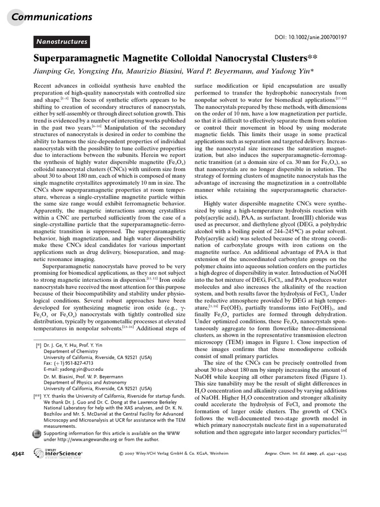 Superparamagnetic Magnetite Colloidal Nanocrystal Clusters PDF | PDF | Properties Of Water | X ...