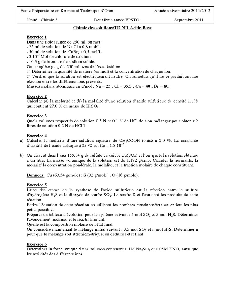 Chimie Des Solutions Fiche TD N1 PDF | PDF | Concentration molaire | Chimie physique