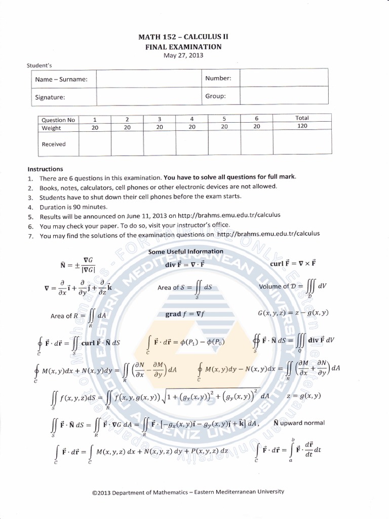 Math152 Final 2012-2013 Spring | PDF | Maxima And Minima | Integral