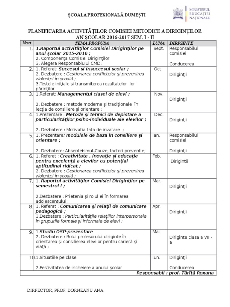 Plan Activitati Comisie Diriginti | PDF