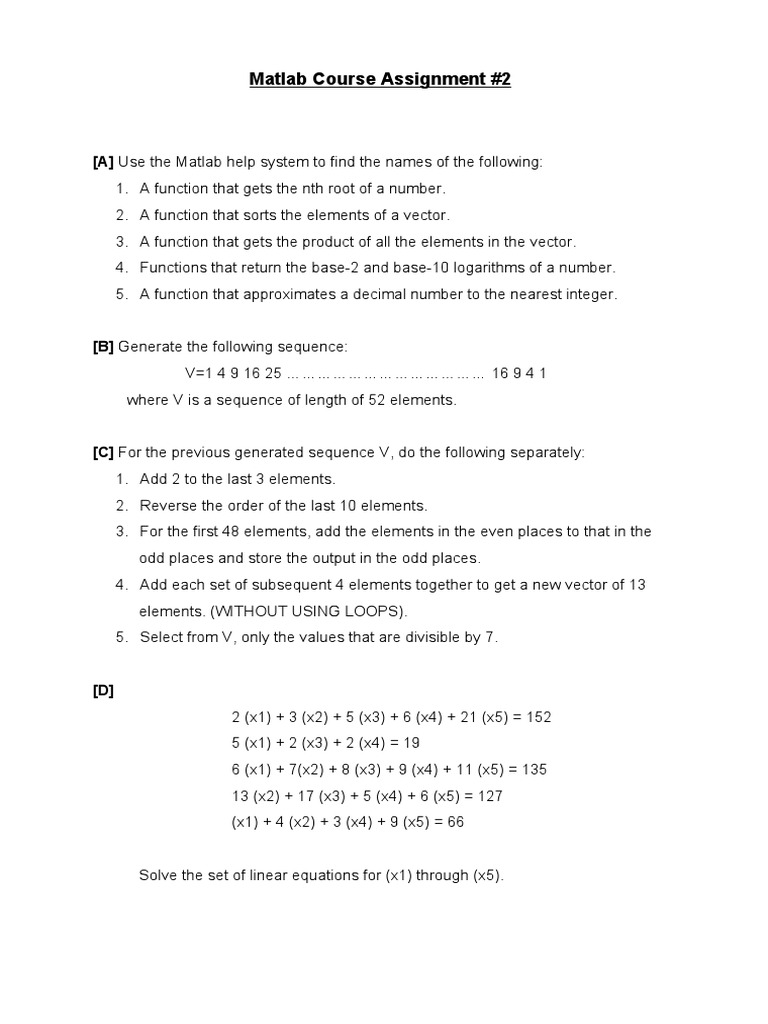 Matlab Course Assignment #2: (A) Use The Matlab Help System To Find The ...
