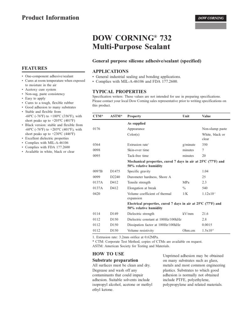 Dow Corning 732 Multi-Purpose Sealant: Product Information | PDF ...