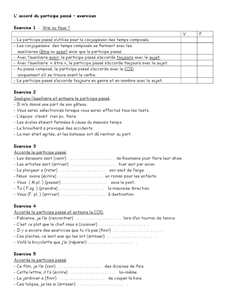 Exercices sur l'accord du participe passé | PDF | Sujet (Grammaire ...