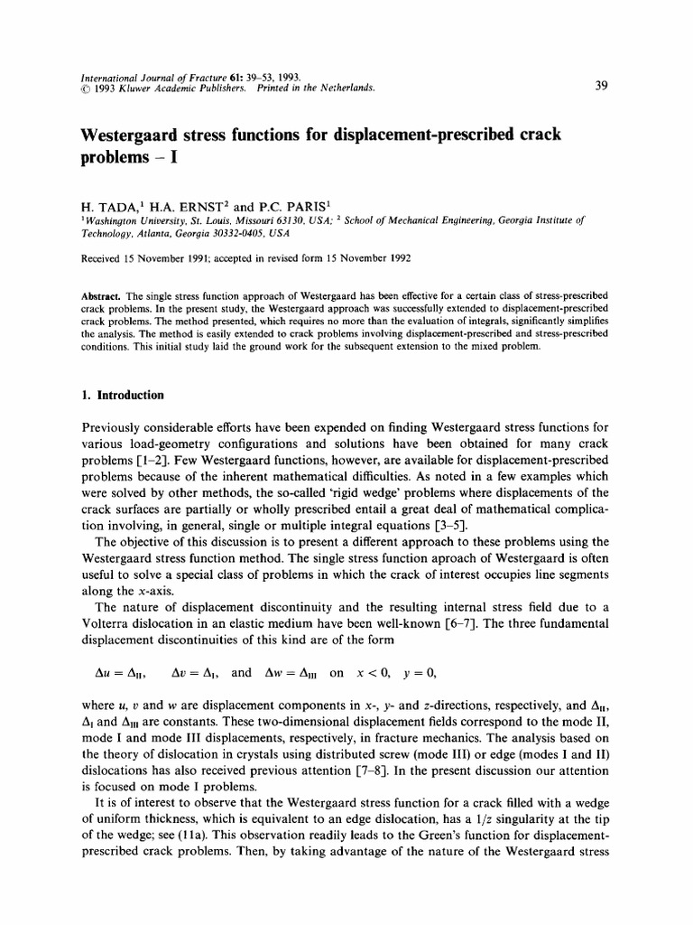Westergaard Stress Functions For Displacement-Prescribed Crack - Tada ...