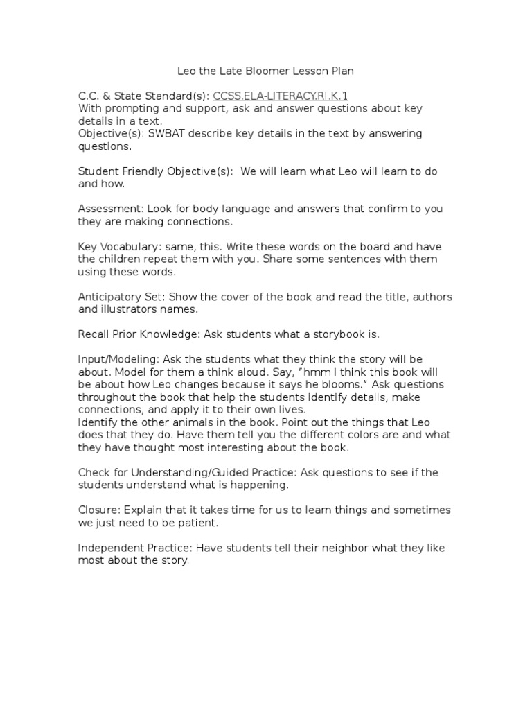 Leo The Late Bloomer Lesson Plan | PDF | Question | Lesson Plan