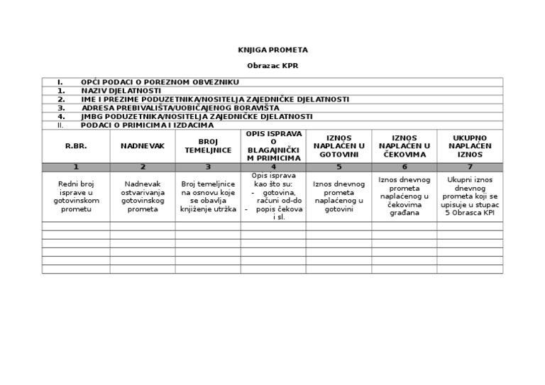 Knjiga Prometa OBRAZAC KPR | PDF