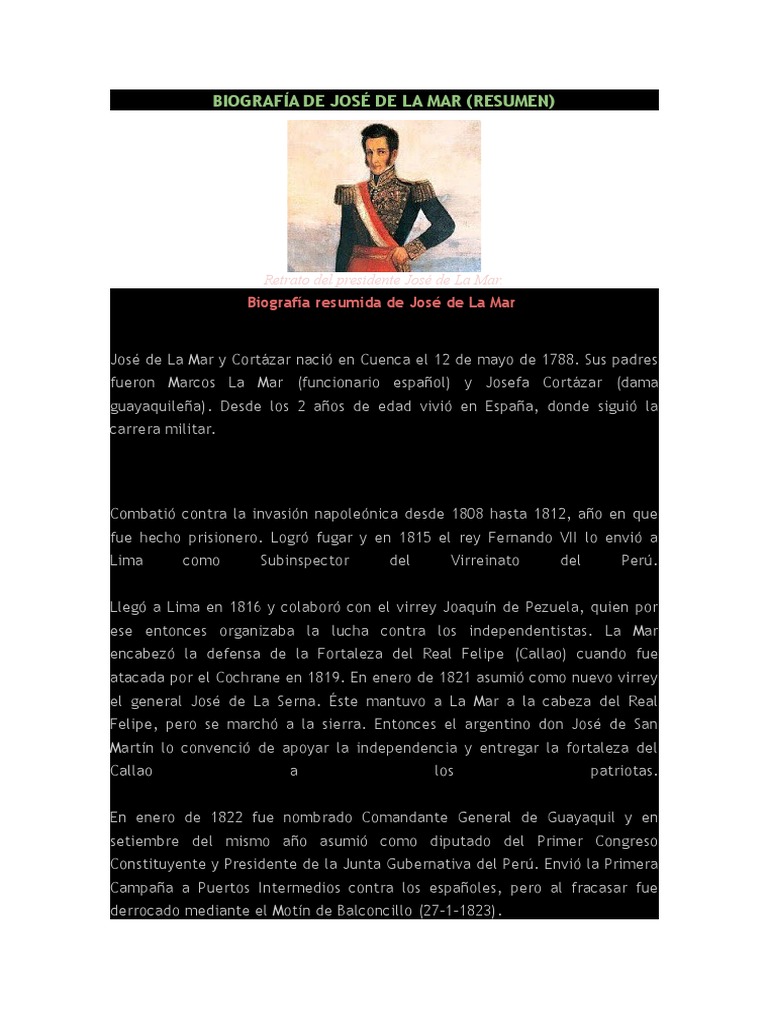 Biografía de José de La Mar | PDF | América del Sur | Perú