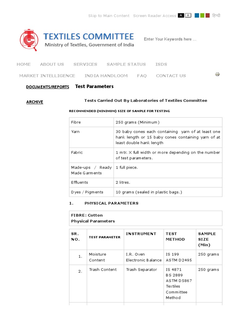 Test Parameters - Services - Textiles Committee (Ministry of Textiles ...