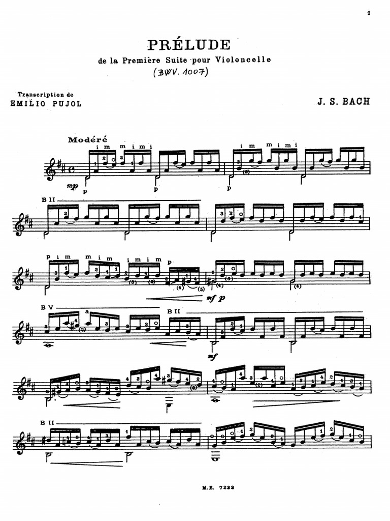 BACH J.S. - Prelude From Cello Suite N°1 BWV 1007 (Ed Eschig, Transc Pujol) (Guitar - Chitarra ...