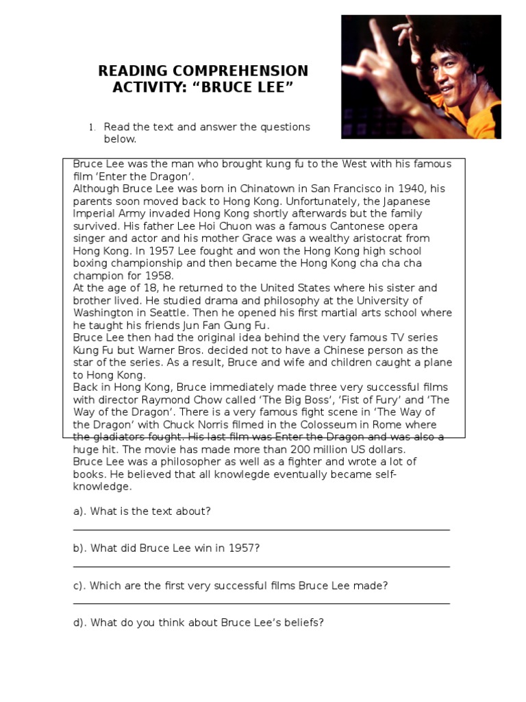 Reading Comprehension Activity Bruce Lee | PDF
