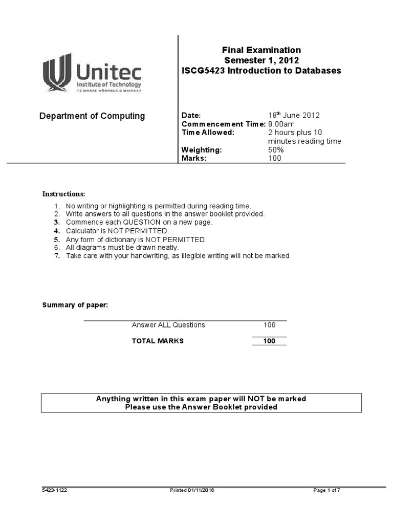 Department of Computing: Final Examination Semester 1, 2012 ISCG5423 Introduction To Databases ...