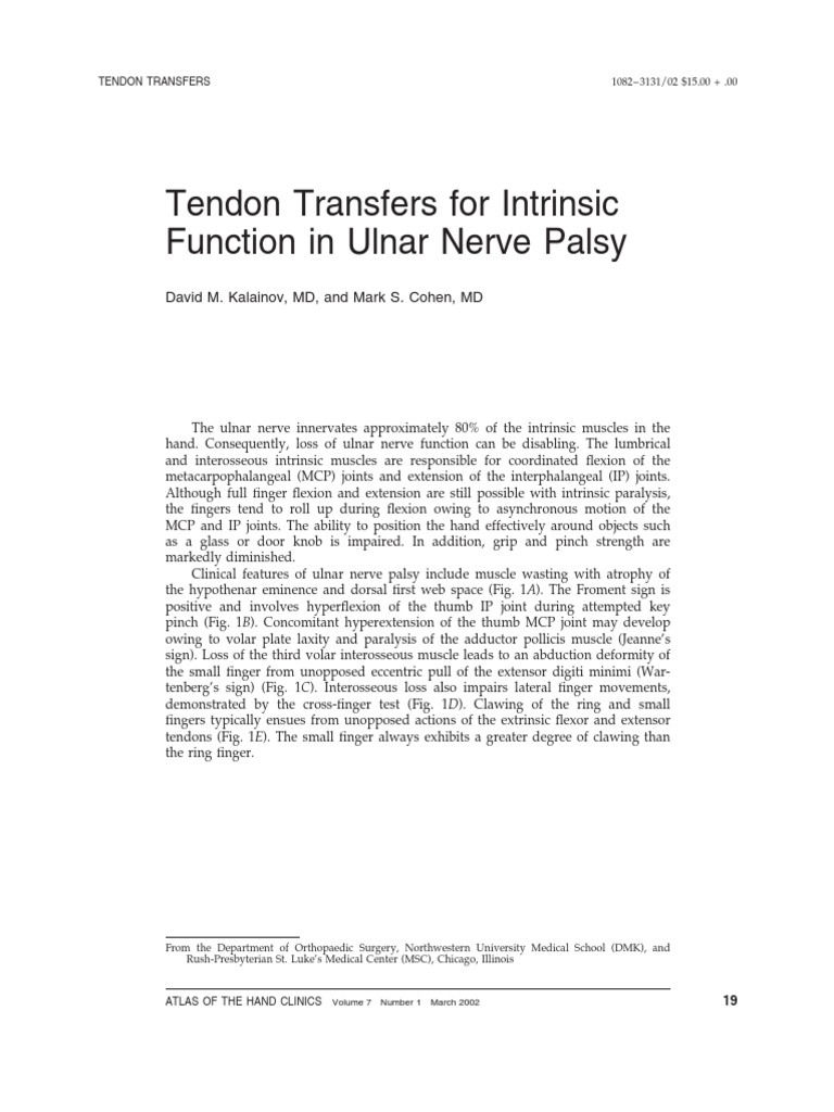 Tendon Transfers For Intrinsic Function in Ulnar Nerve Palsy | PDF ...