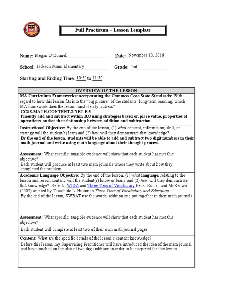 Full Practicum Lesson Template 9 2015 2 | PDF | Classroom Management ...