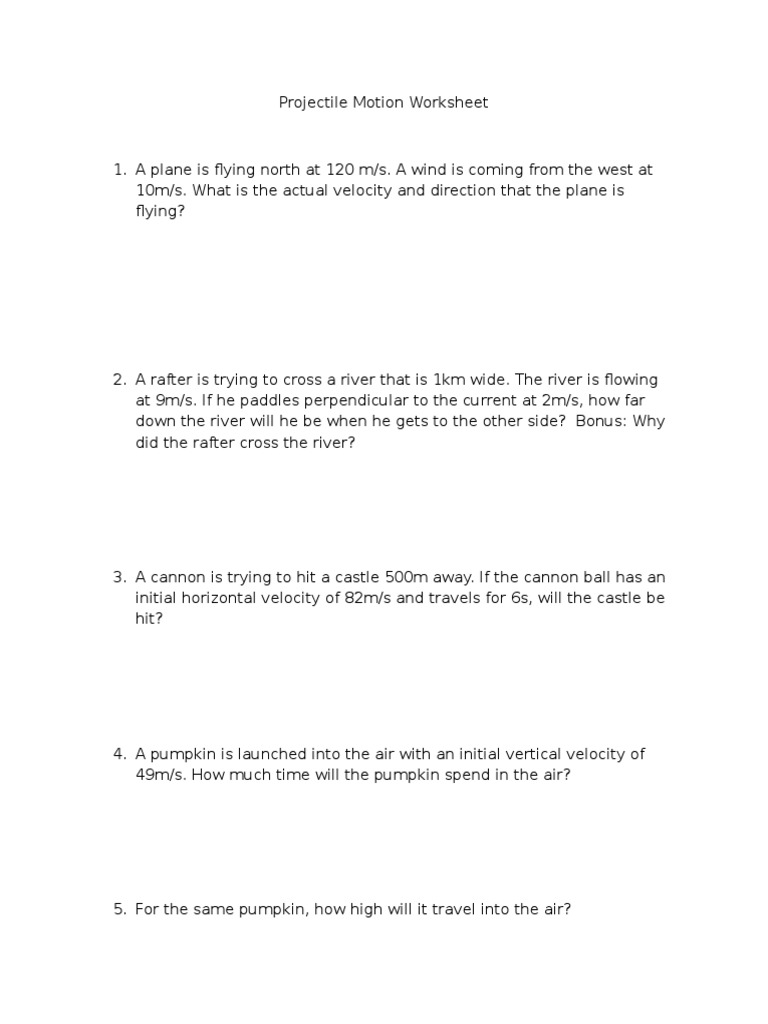 Projectile Motion Problems Worksheet | PDF