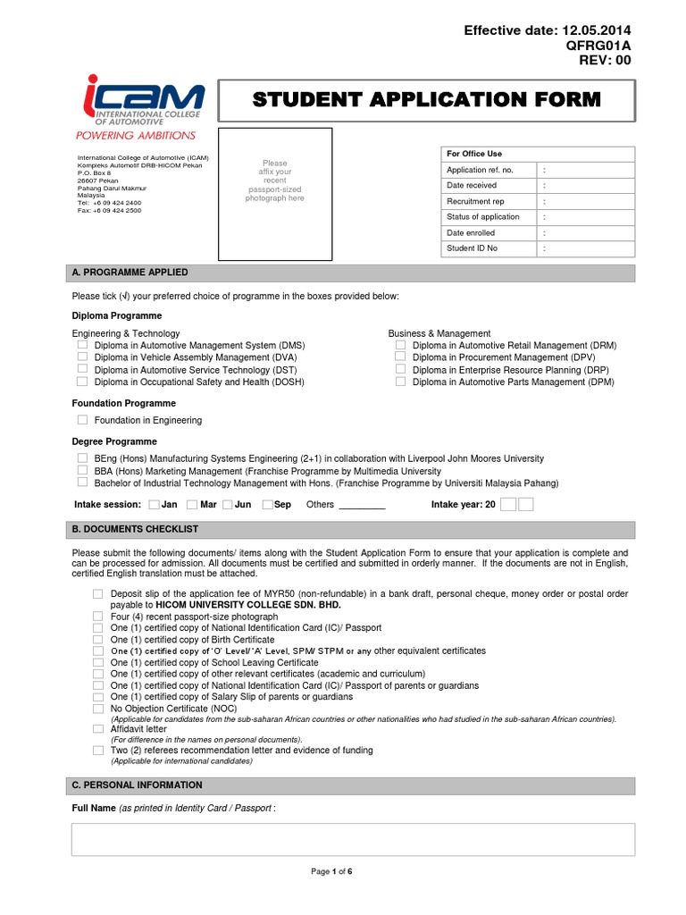 QFRG01A Student - Application.form | PDF | Identity Document | Fee