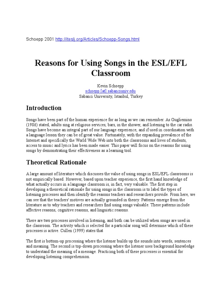 Reasons For Using Songs in The ESL/EFL Classroom | PDF | English As A ...