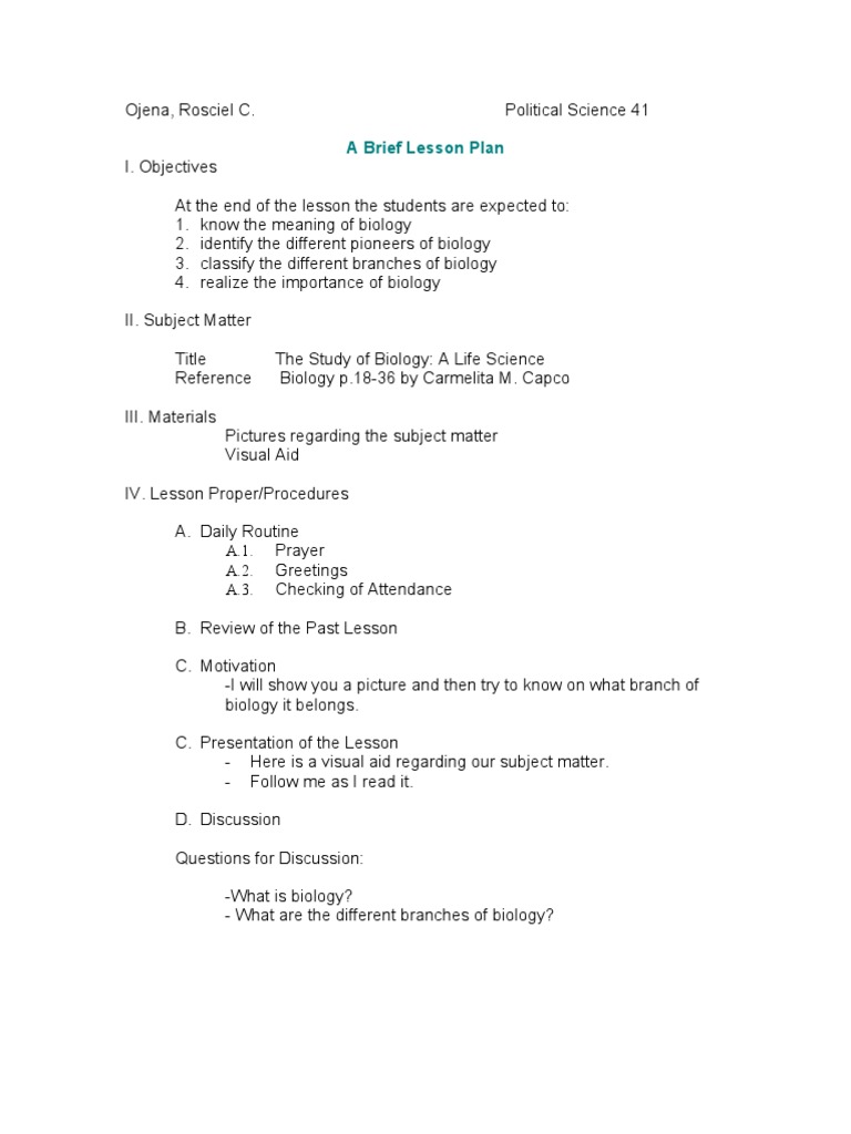 Sample of Brief Lesson Plan | PDF | Organisms | Biology