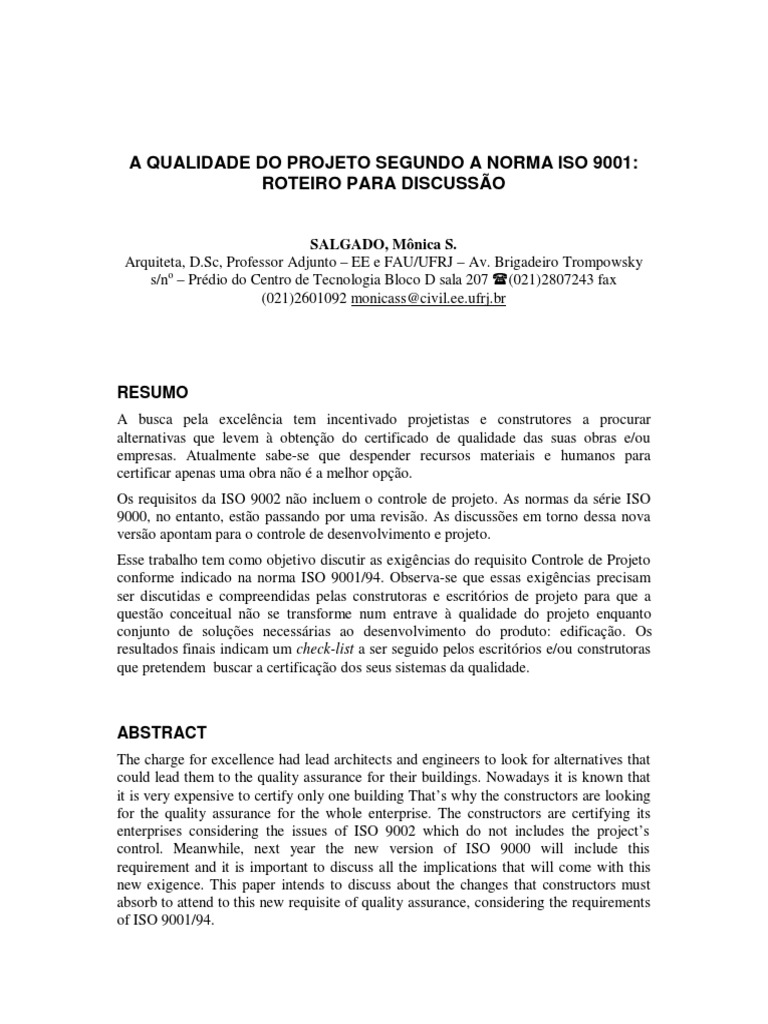 A Qualidade Do Projeto Segundo A Norma Iso 9001 - Roteiro para ...