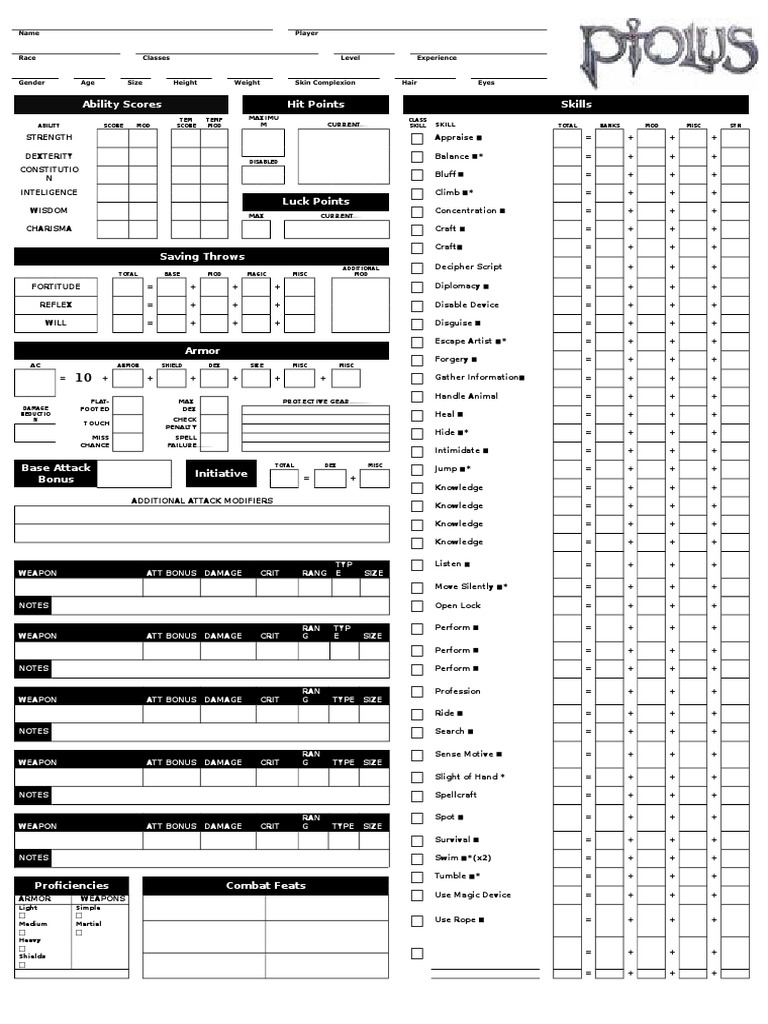 Ptolus Character Sheet | PDF | Tabletop Games | Role Playing