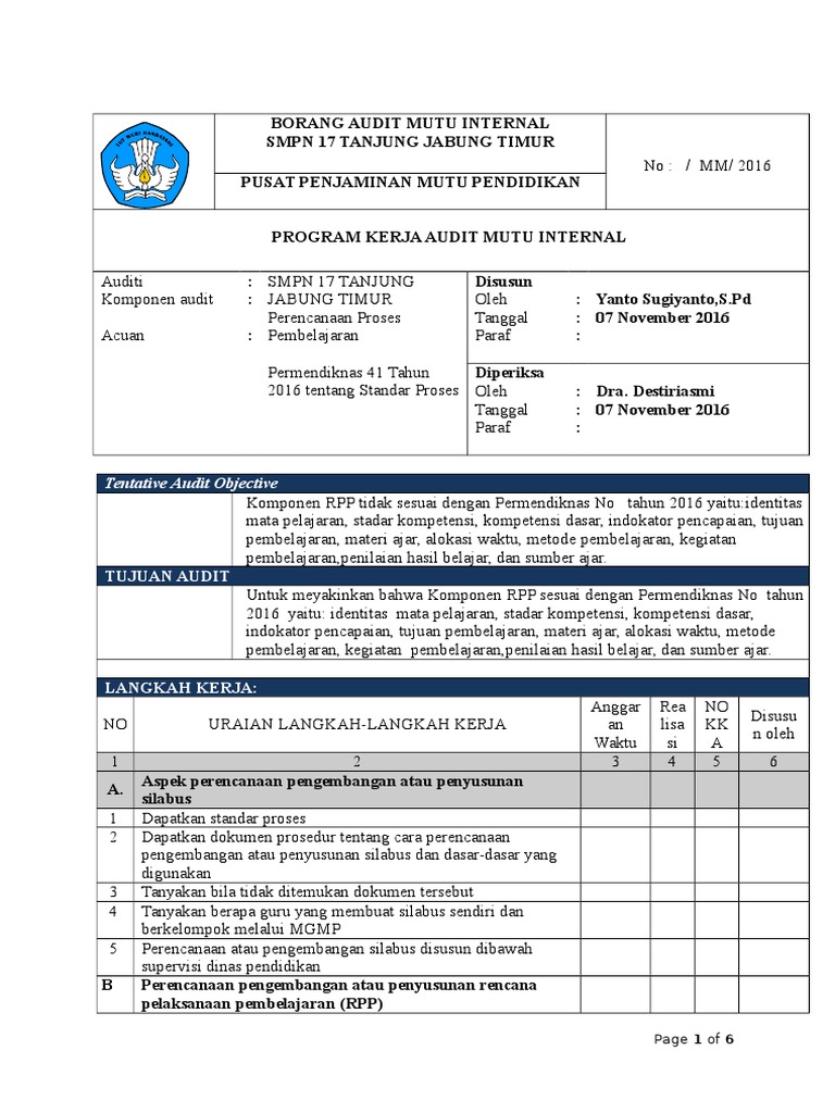 Program Kerja Audit Mutu Standar Proses | PDF