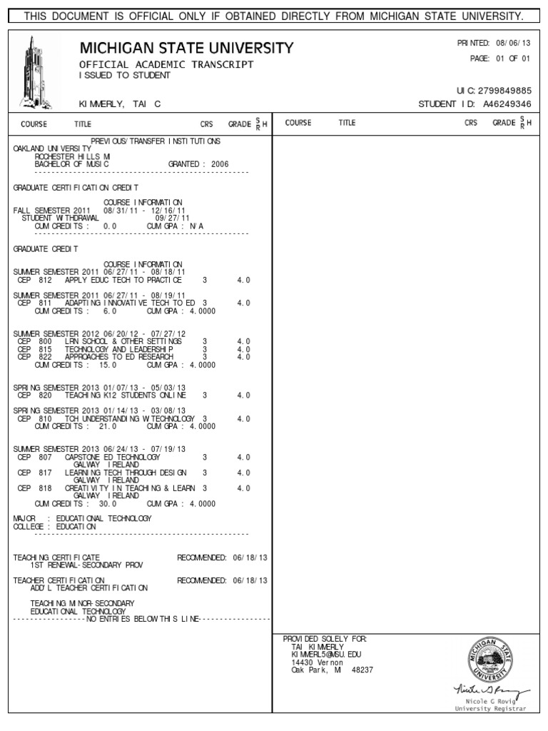 Msu Transcript 1 | PDF | Course Credit | Academia