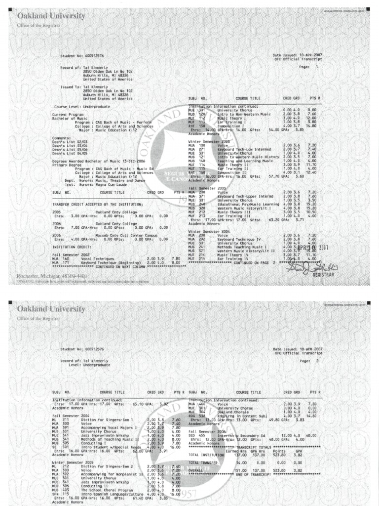 Oakland University Transcripts | PDF | Traditions | Music Theory