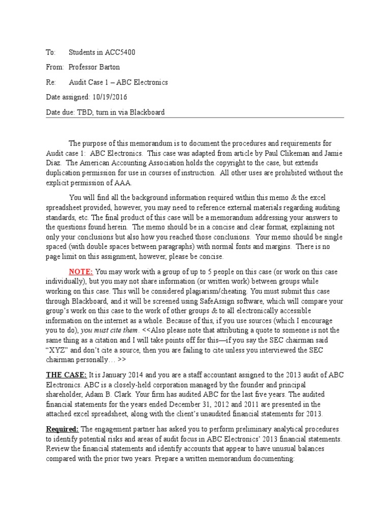 AUDIT CASE 1 - ANALYTICAL PROCEDURES.docx | Memorandum | Financial ...