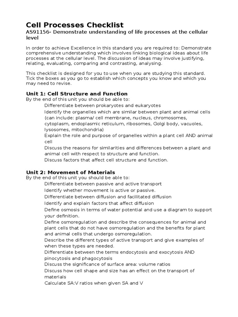 Cell Processes Checklist | PDF | Cellular Respiration | Cell (Biology)