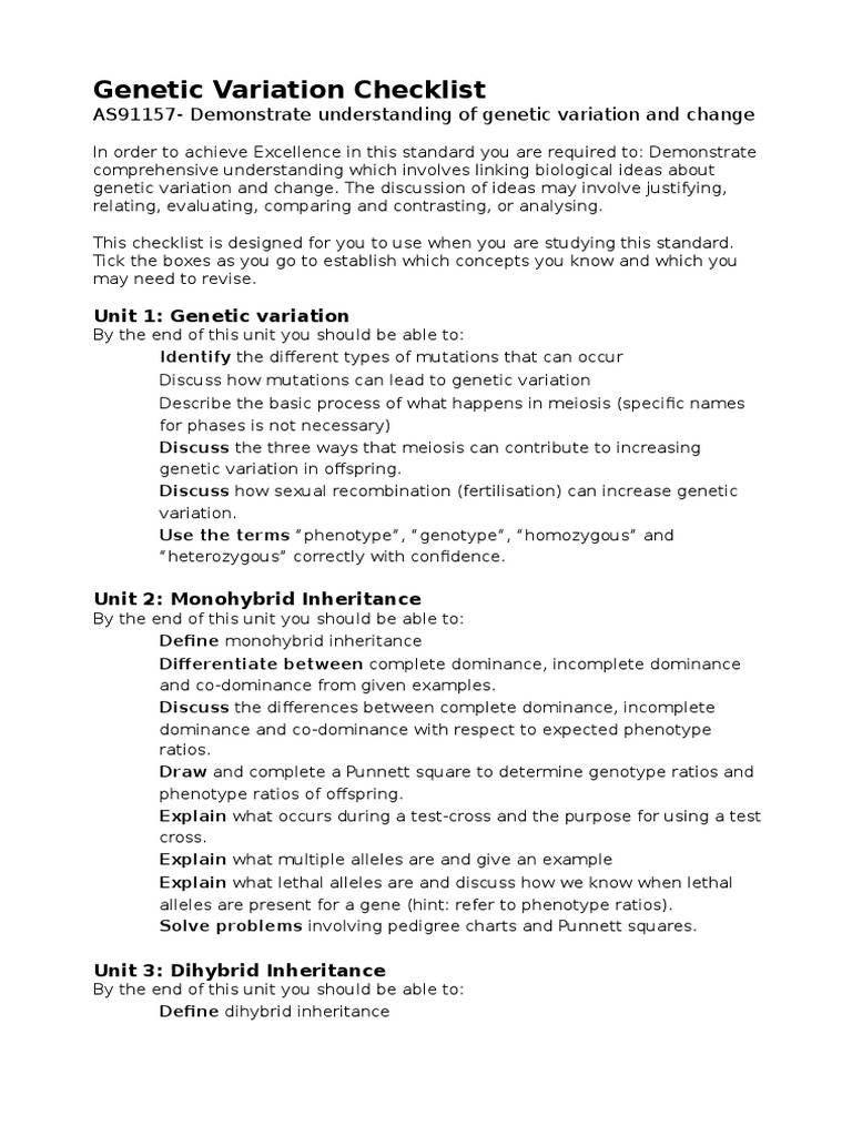 genetic variation checklist | Dominance (Genetics) | Population Genetics