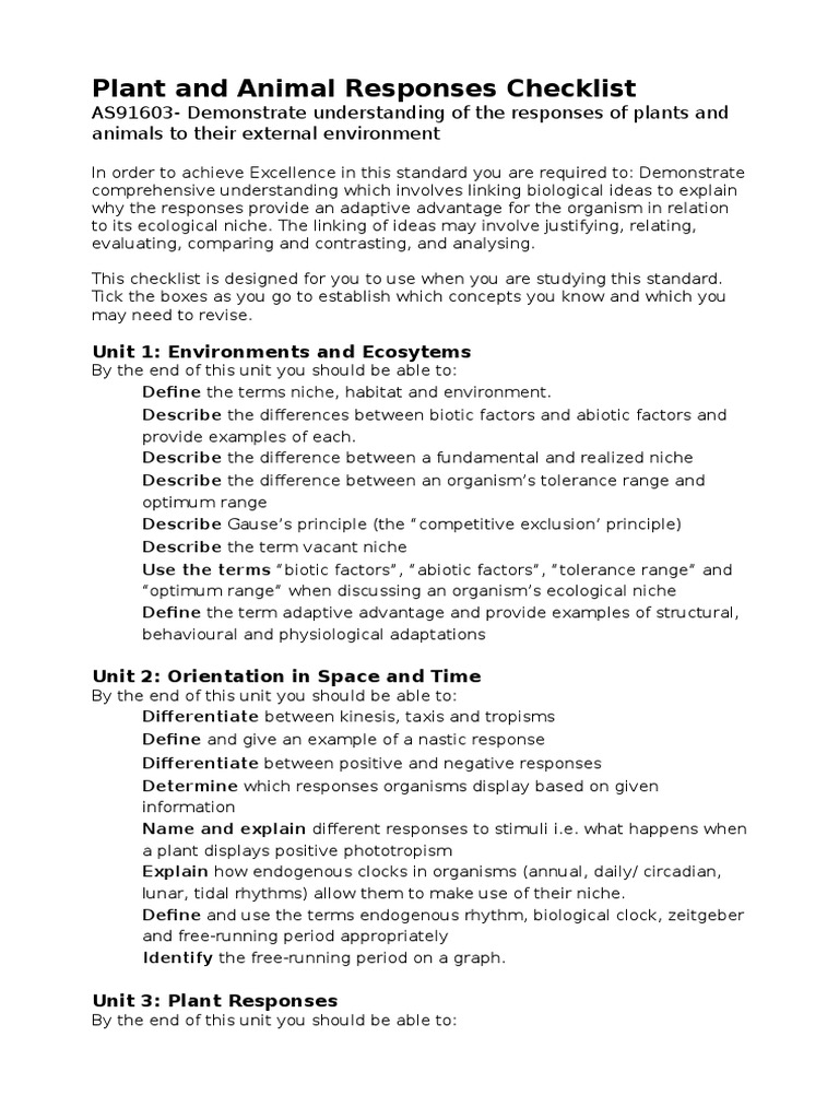 Plant and Animal Reponses Checklist | PDF | Ecological Niche | Ecology