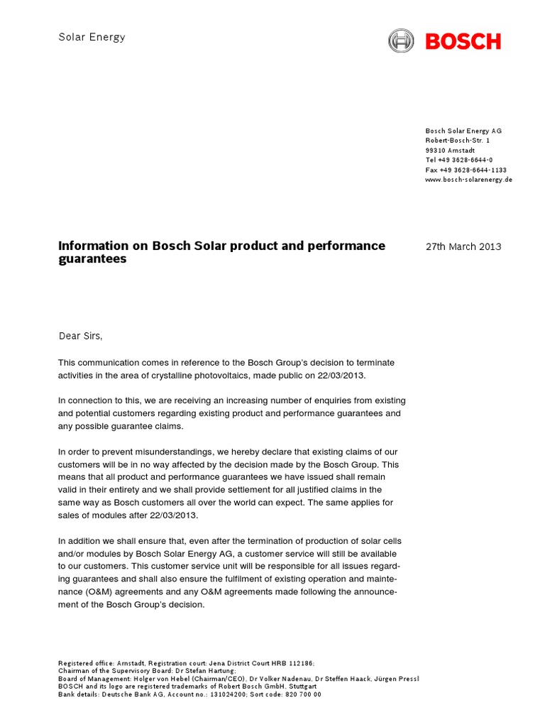 BOSCH Confort Letter Warranty 2013 en | PDF