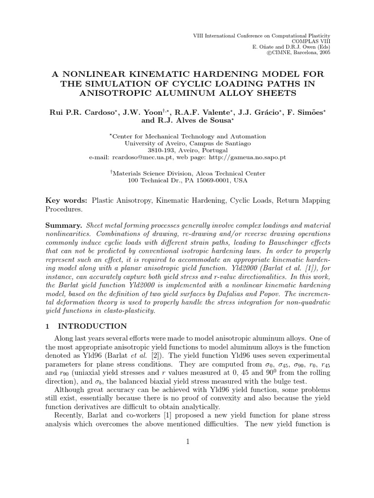 A Nonlinear Kinematic Hardening Model For The Simulation of Cyclic Loading Paths in Anisotropic ...