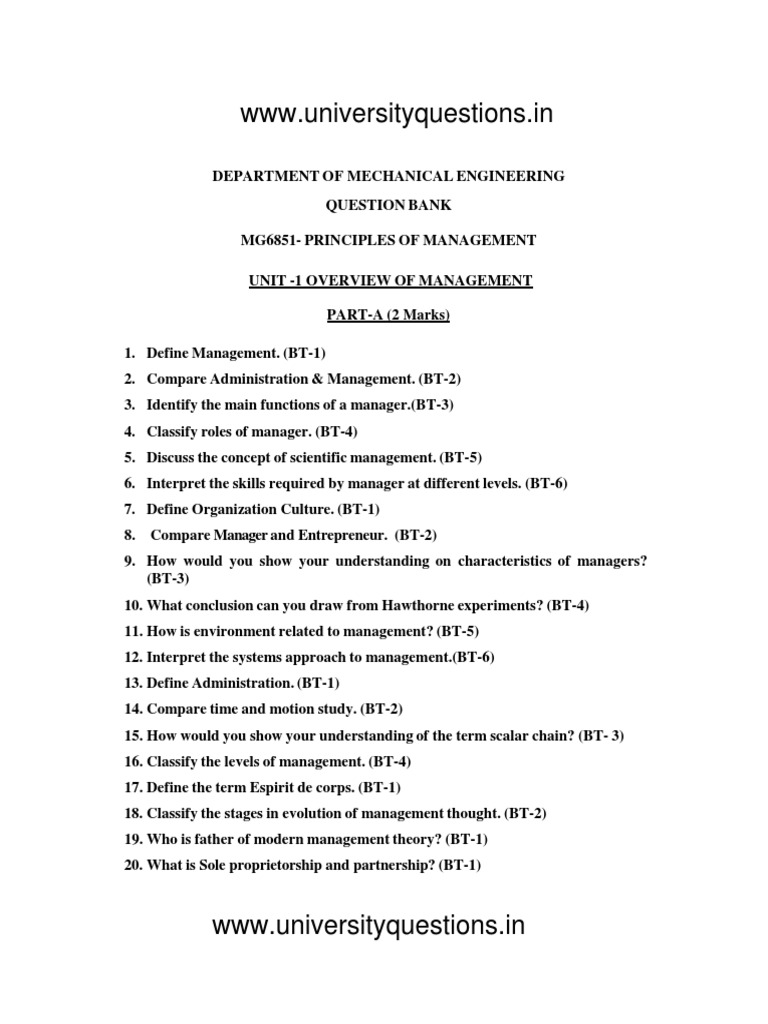 Principles of Management Question Bank | PDF | Leadership | Strategic ...