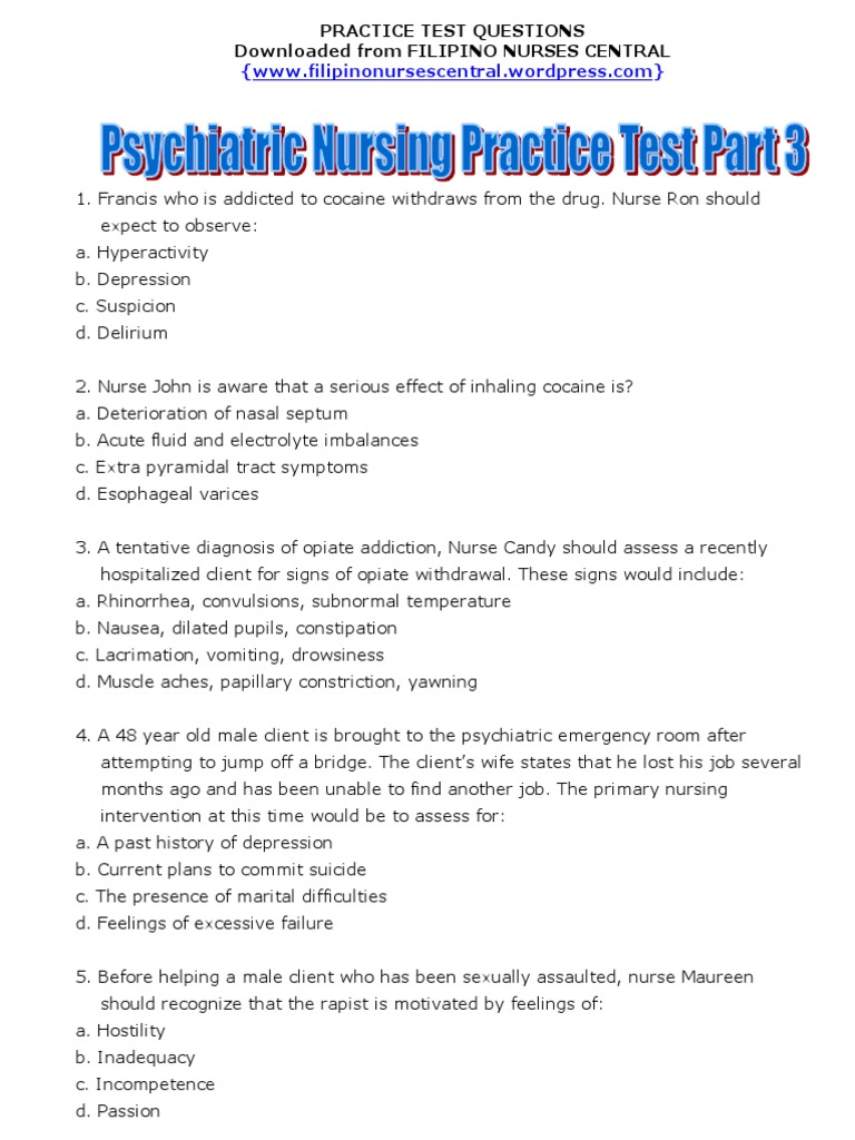 Psychiatric Nursing Practice Test 3 | PDF | Phobia | Anxiety