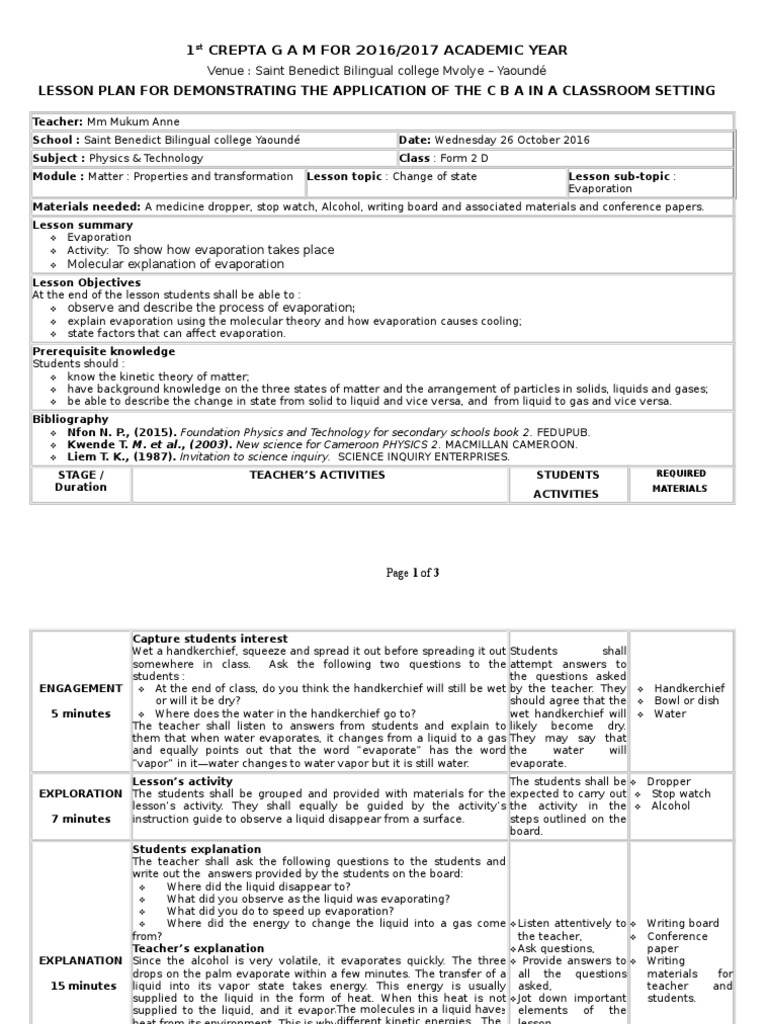 Lesson Plan For C B A Lesson | PDF | Evaporation | Liquids